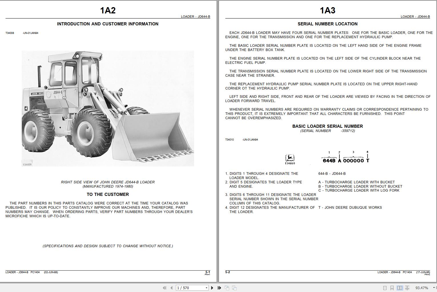 John Deere Loader JD644-B Parts Catalog PC1404