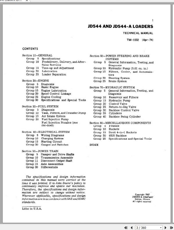John Deere Loaders JD544 JD544-A Technical Manual TM1002