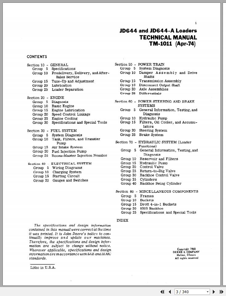 John Deere Loaders JD644 JD644-A Technical Manual TM1011
