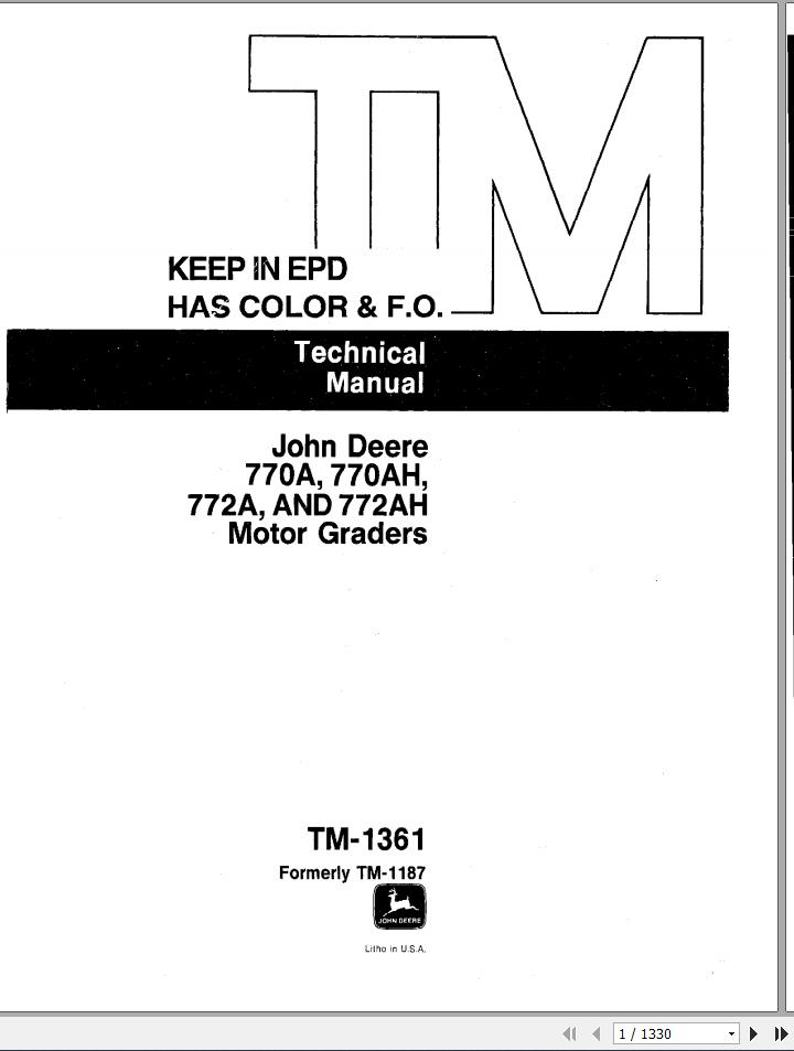John Deere Motor Grader 770A 770AH 772A 772AH Technical Manual TM1361