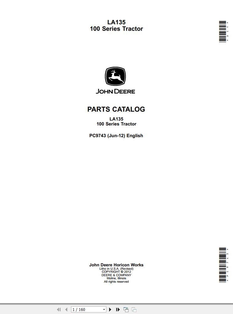 John Deere Tractor LA135 100 Series Parts Catalog PC9743 2012
