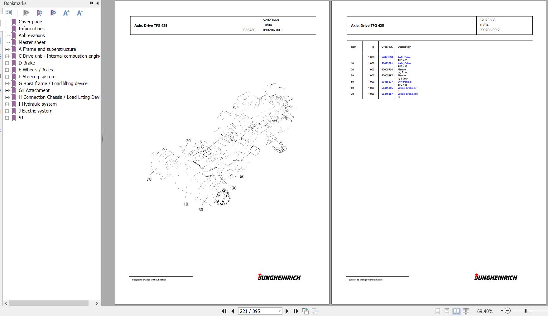 Jungheinrich Forklift TFG 425 G115-350ZT Spare Parts Manual FN426951