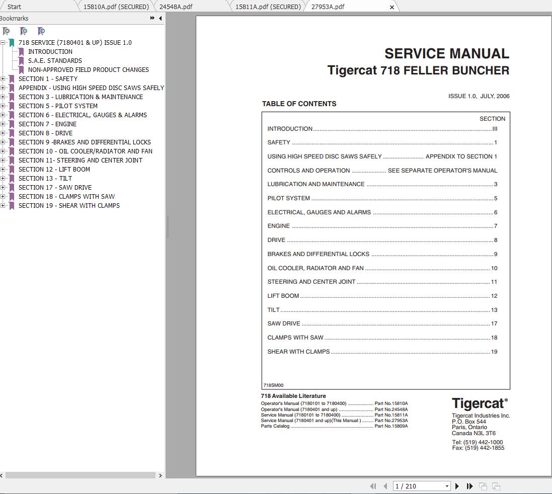 Tigercat 718 Feller Buncher 7180101 - 7180900 Operator Service & Repair ...