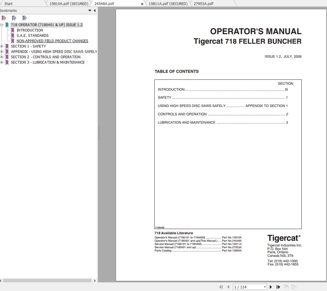 Tigercat 718 Feller Buncher 7180101 - 7180900 Operator Service & Repair ...