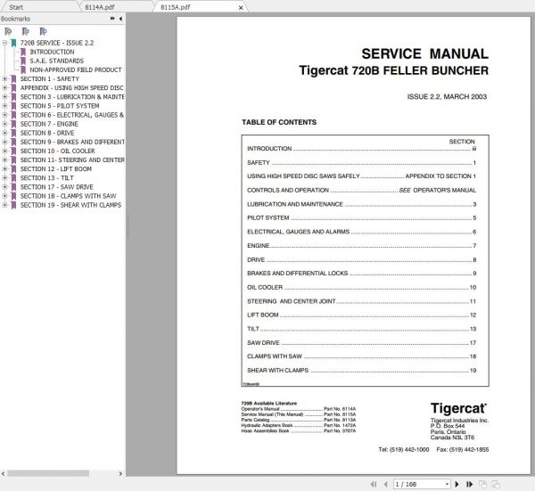 Tigercat 720B Feller Buncher 7202001 - 7202999 Operator Service Manual