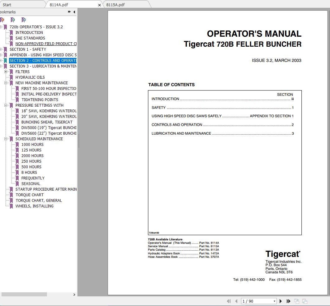 Tigercat 720B Feller Buncher 7202001 - 7202999 Operator Service Manual