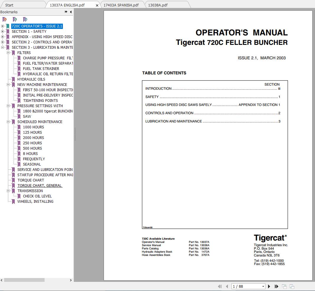 Tigercat 720C Feller Buncher 7203001 - 7203499 Operator Service Manual
