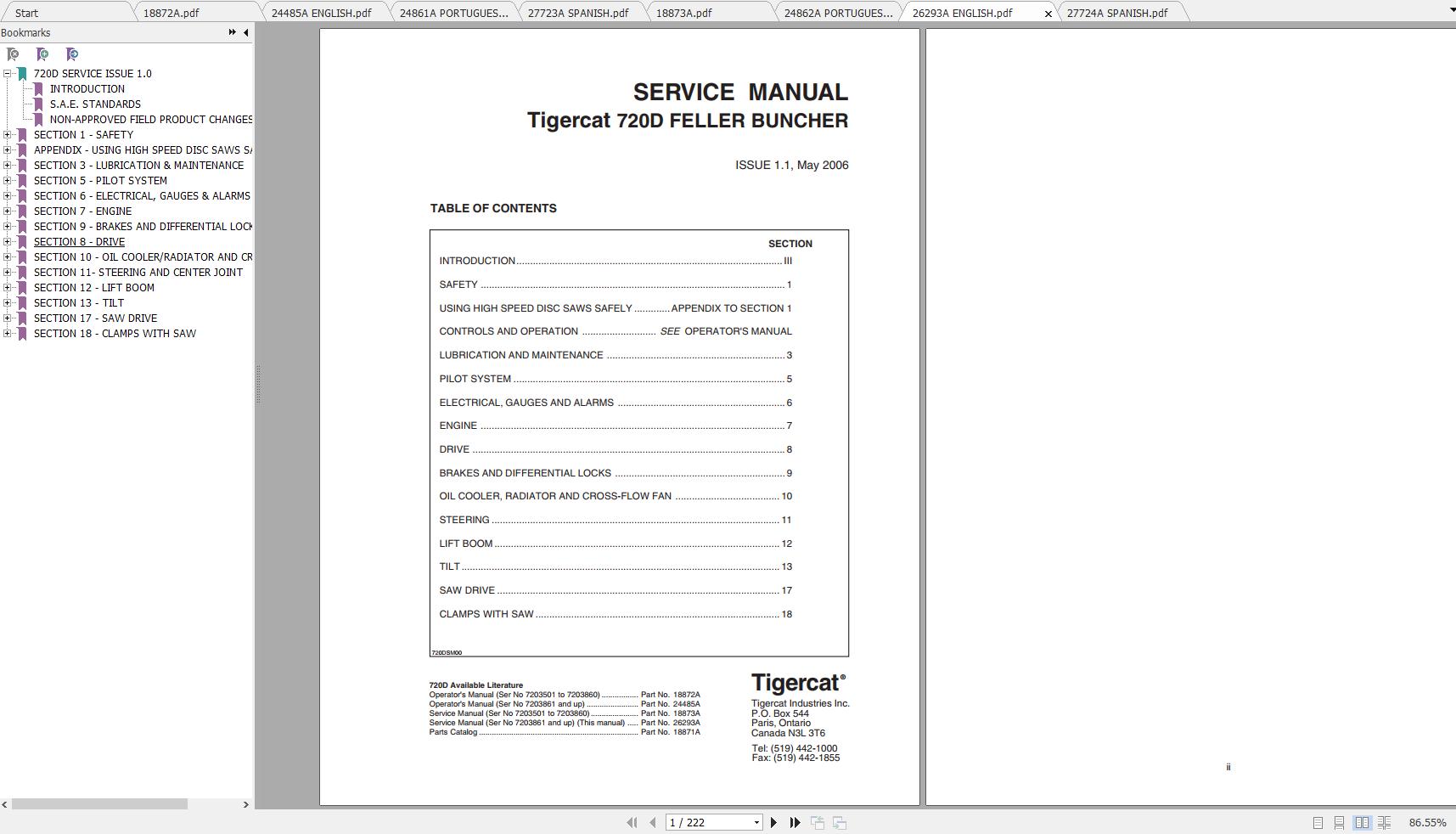 Tigercat 720D Feller Buncher 7203501 - 7204400 Operator Service Manual