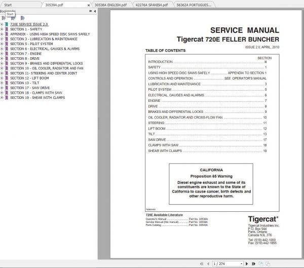 Tigercat 720E Feller Buncher 7204401 - 7205500 Operator Service Manual