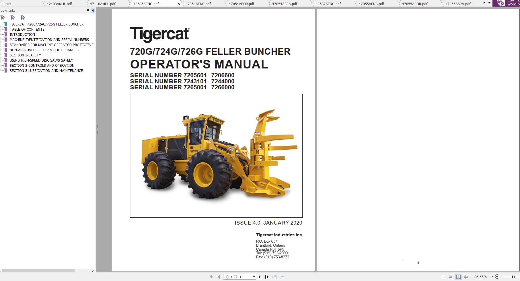 Tigercat 720G 724G 726G Feller Buncher 7205601 - 7207500 Operator & Service Manual