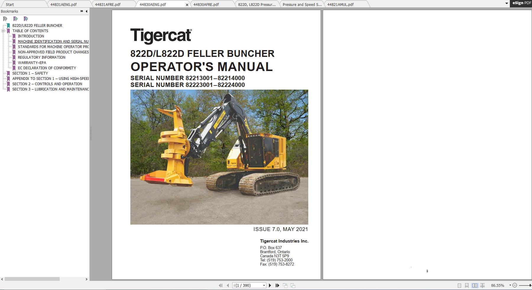 Tigercat 822D L822D Feller Buncher 82213001 - 82214000 Operator ...