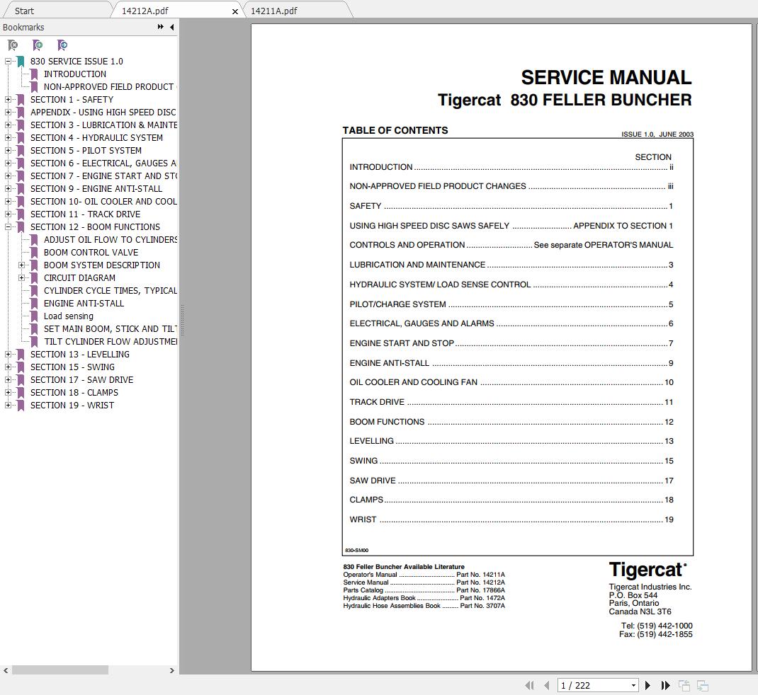 Tigercat 830 Feller Buncher 8300113 - 8300499 Operator & Service Manual