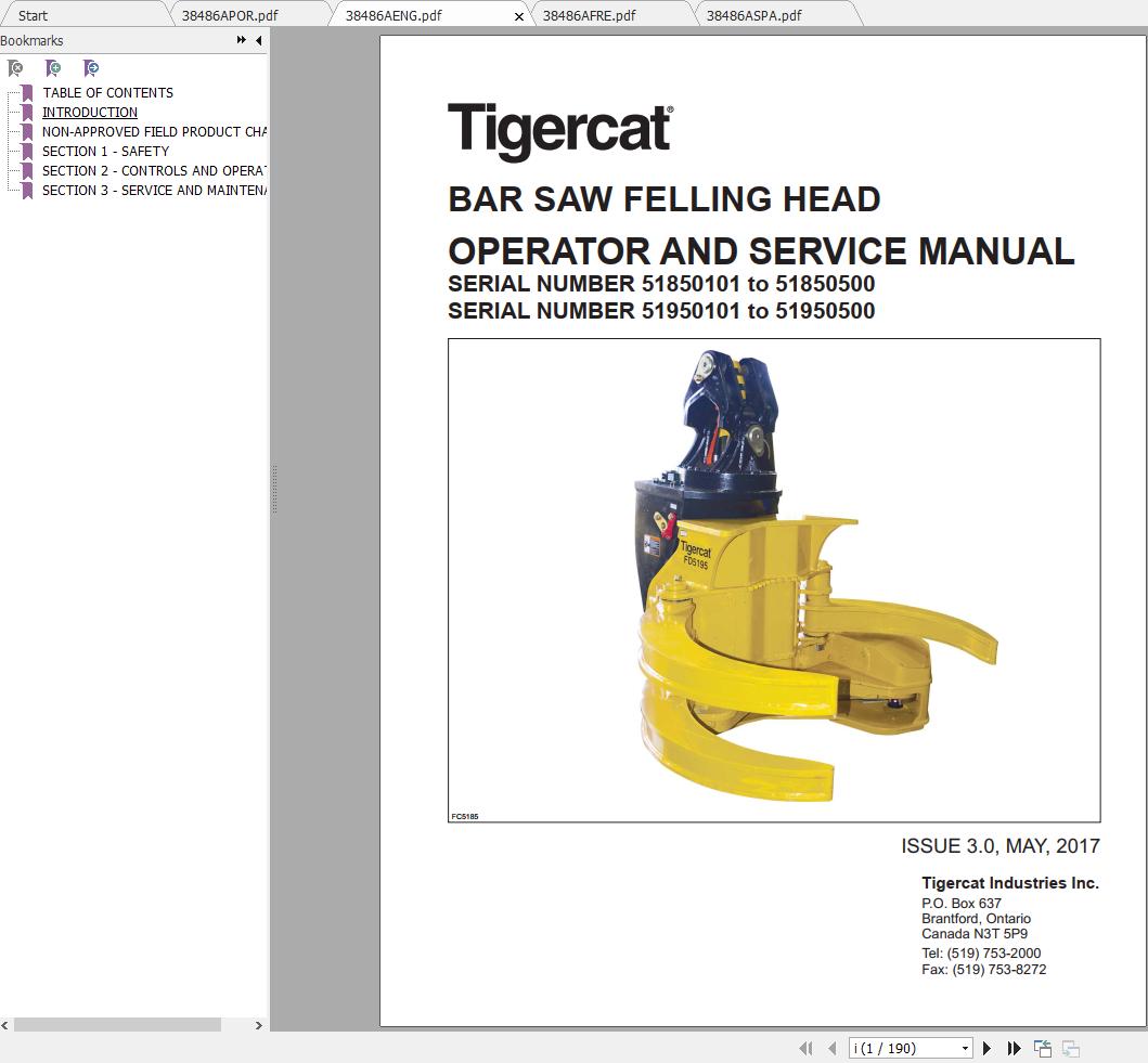 Tigercat Bar Saw Felling Head Operator & Service Manual