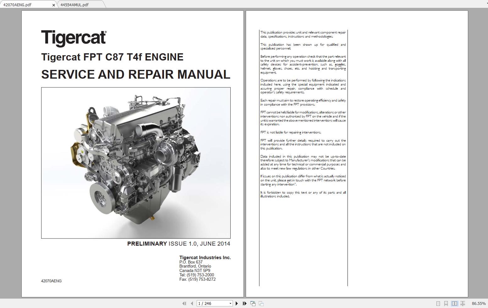 Tigercat FPT C87 T4f ENGINE Operator Service & Repair Manual