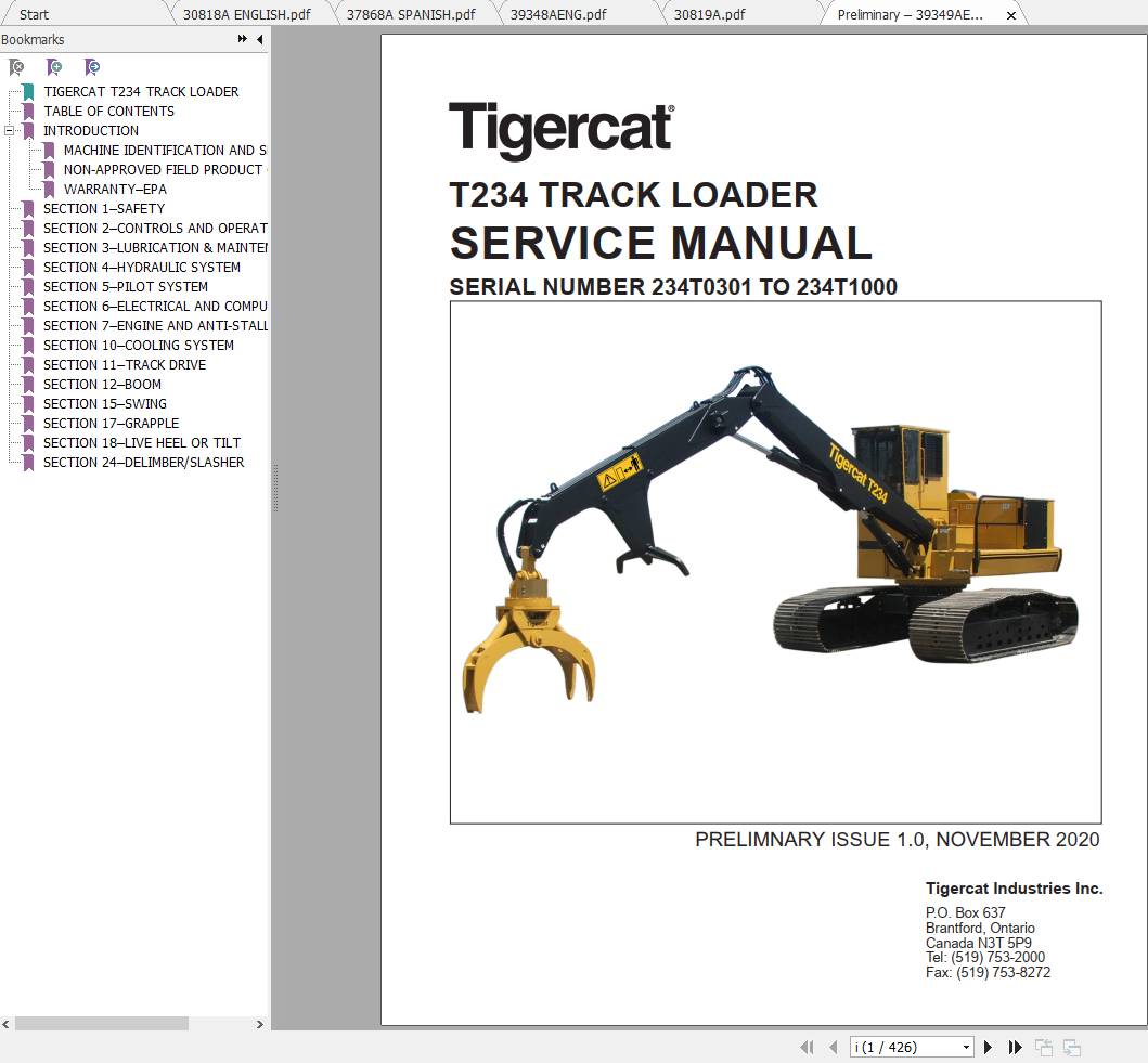 Tigercat Loader T234 (234T0101 - 234T1000) Operator's & Service Manual