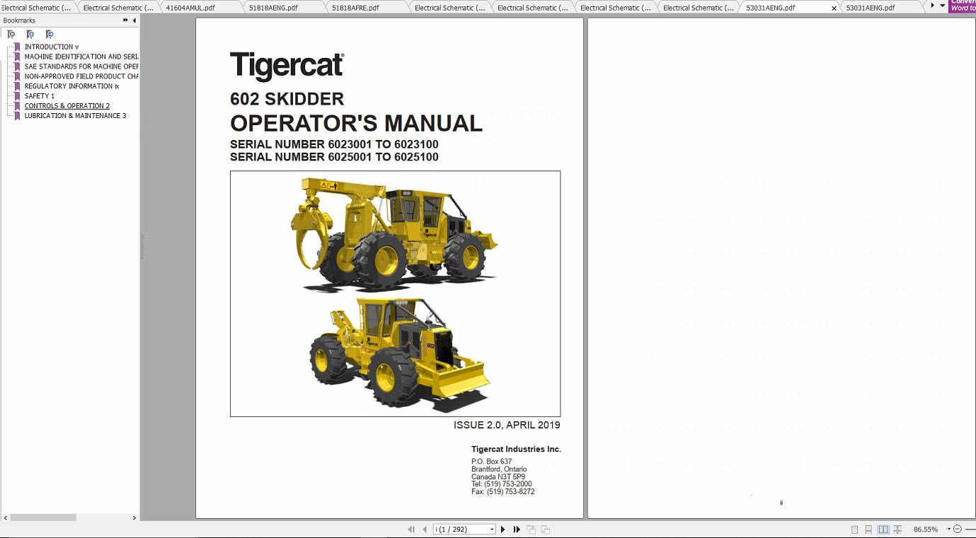 Tigercat Skidder 602 (6020101 - 6027600) Operator's Manual & Electrical ...