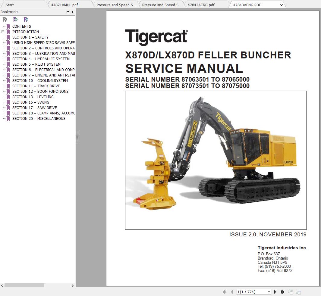 Tigercat X870D LX870D Feller Buncher 87073501 - 87075000 Operator & Service Manual