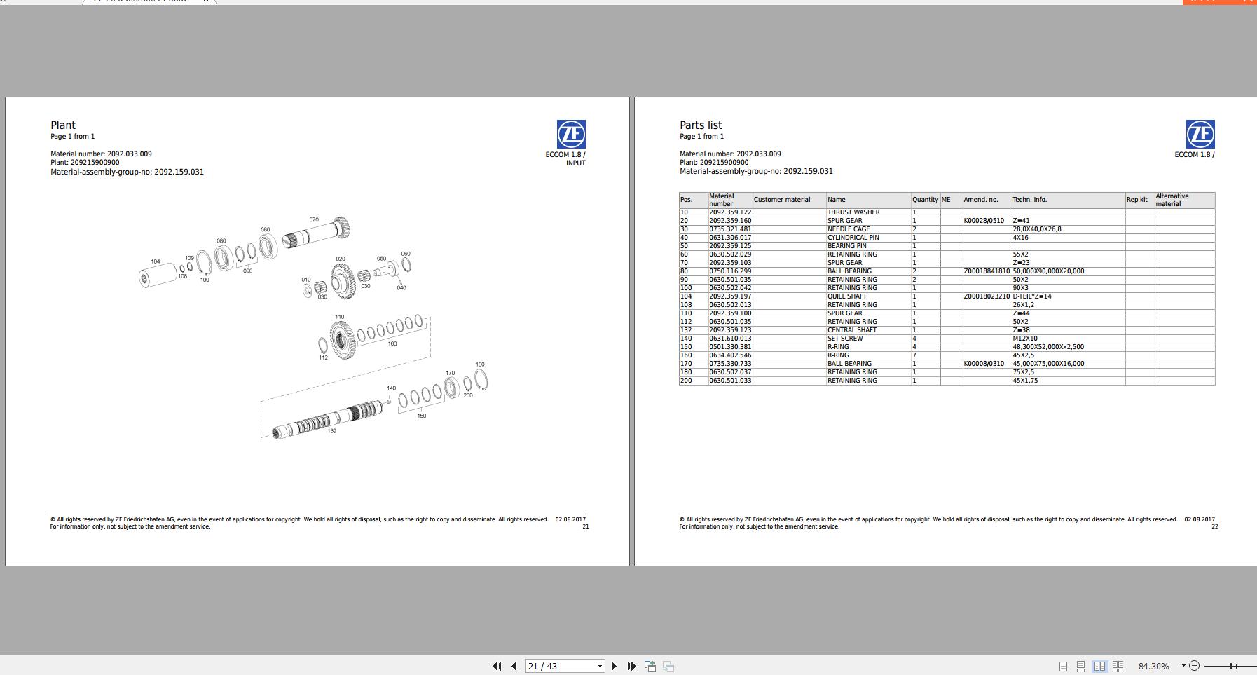 ZF ECCOM 1.8 2092.033.009 Spare Parts Catalog 2017