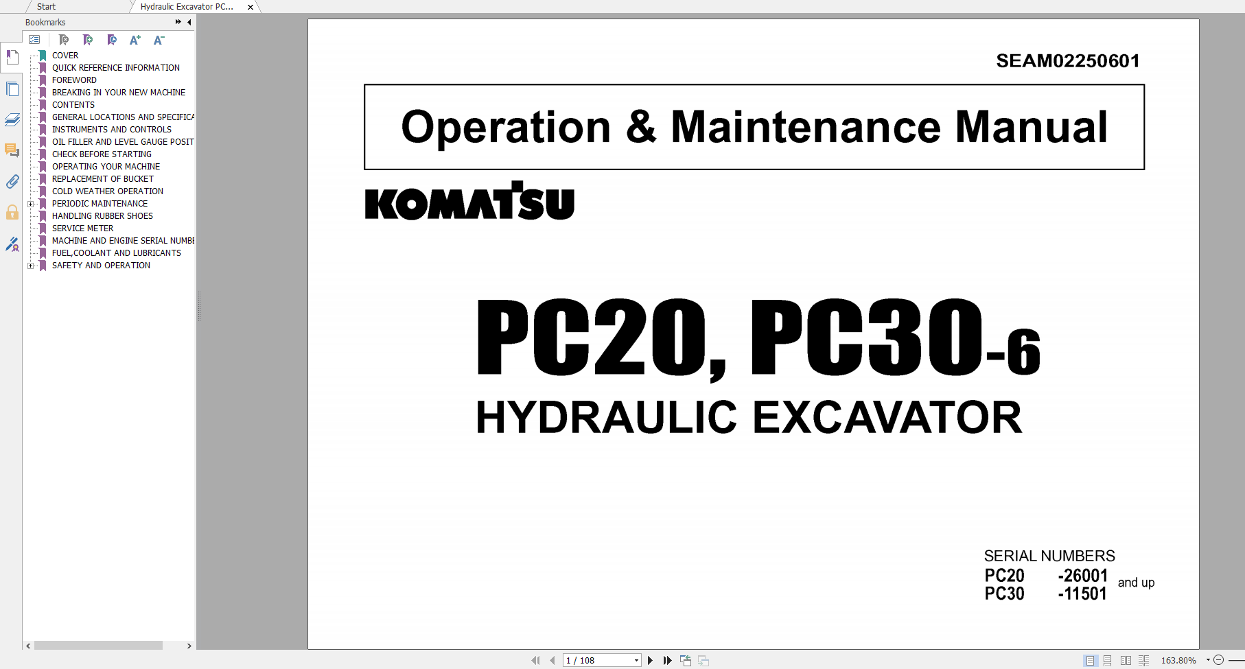 Komatsu Hydraulic Excavator PC20,30-6 Operation & Maintenance Manual SEAM02250601