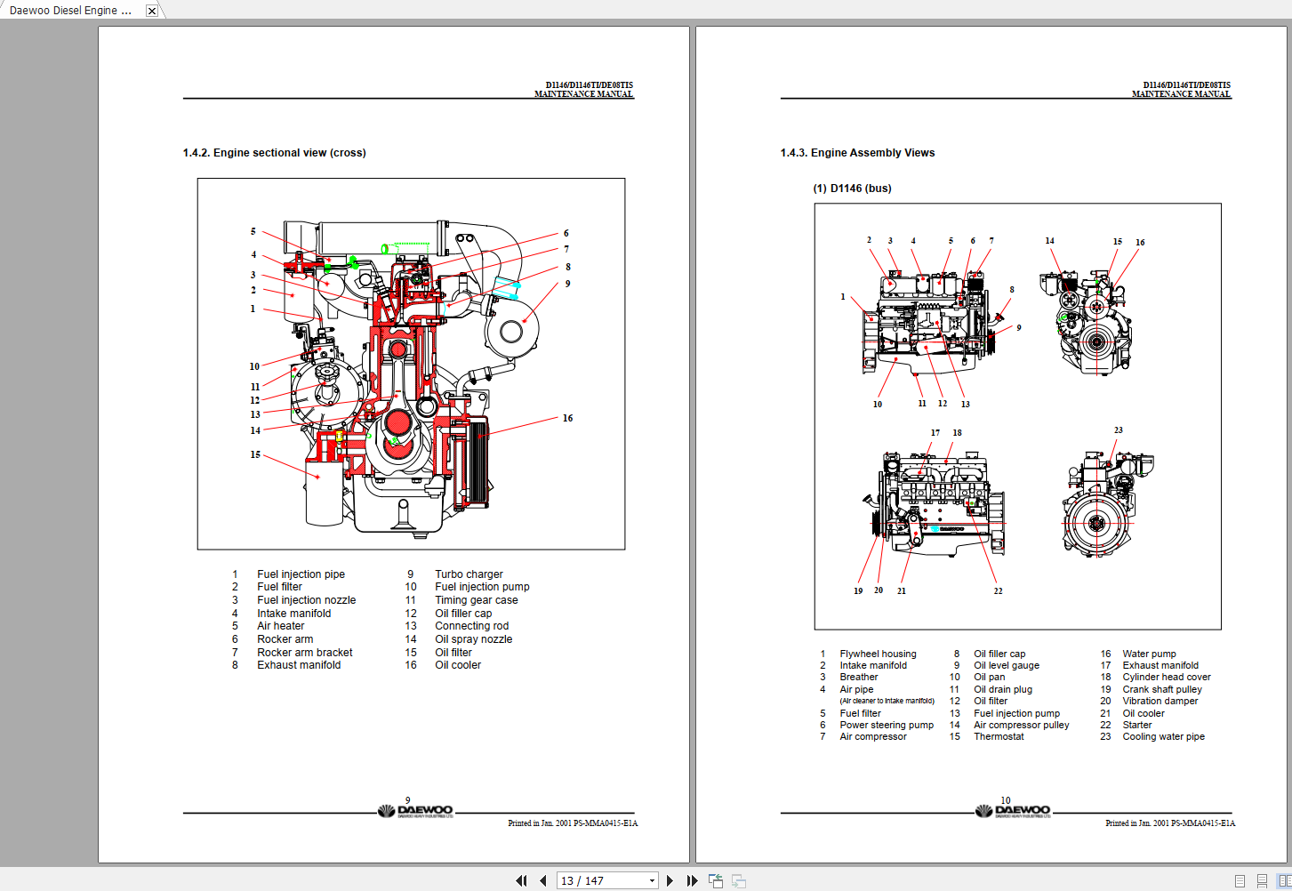 Daewoo Diesel Engine D1146, D1146TI, DE08TIS Maintenance Manual