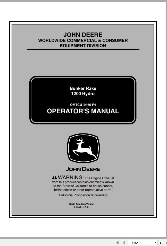 John Deere Bunker Rake 1200 Hydro SN 010001 Operator's Manual ...