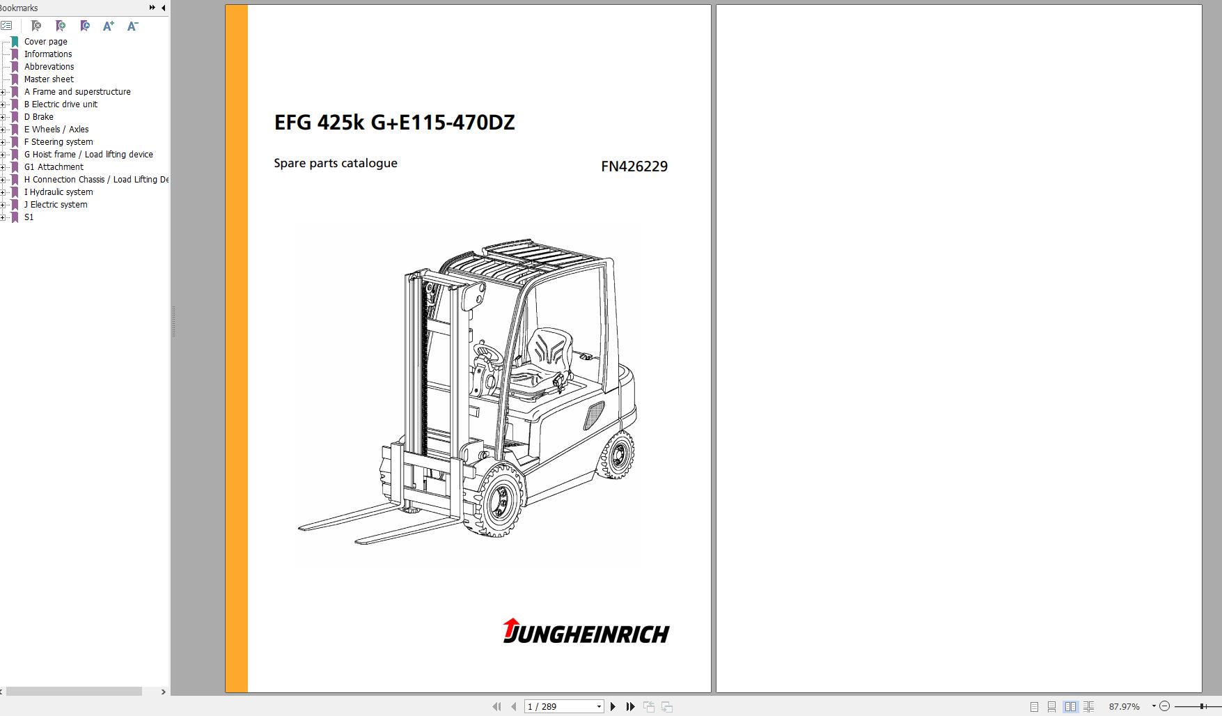 Jungheinrich Forklift EFG 425k G+E115-470DZ Spare Parts Manual FN426229