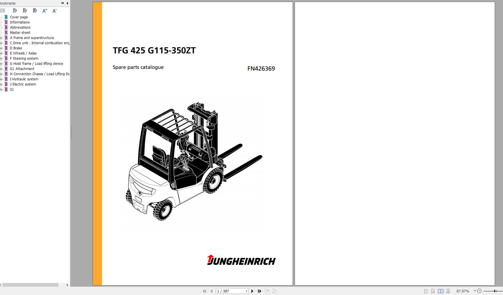 Jungheinrich Forklift TFG 425 G115-350ZT Spare Parts Manual FN426369