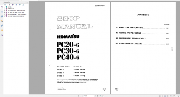 Komatsu Hydraulic Excavator PC20-6 PC30-6 PC40-6 Shop Manual SEBM020R0604 1989