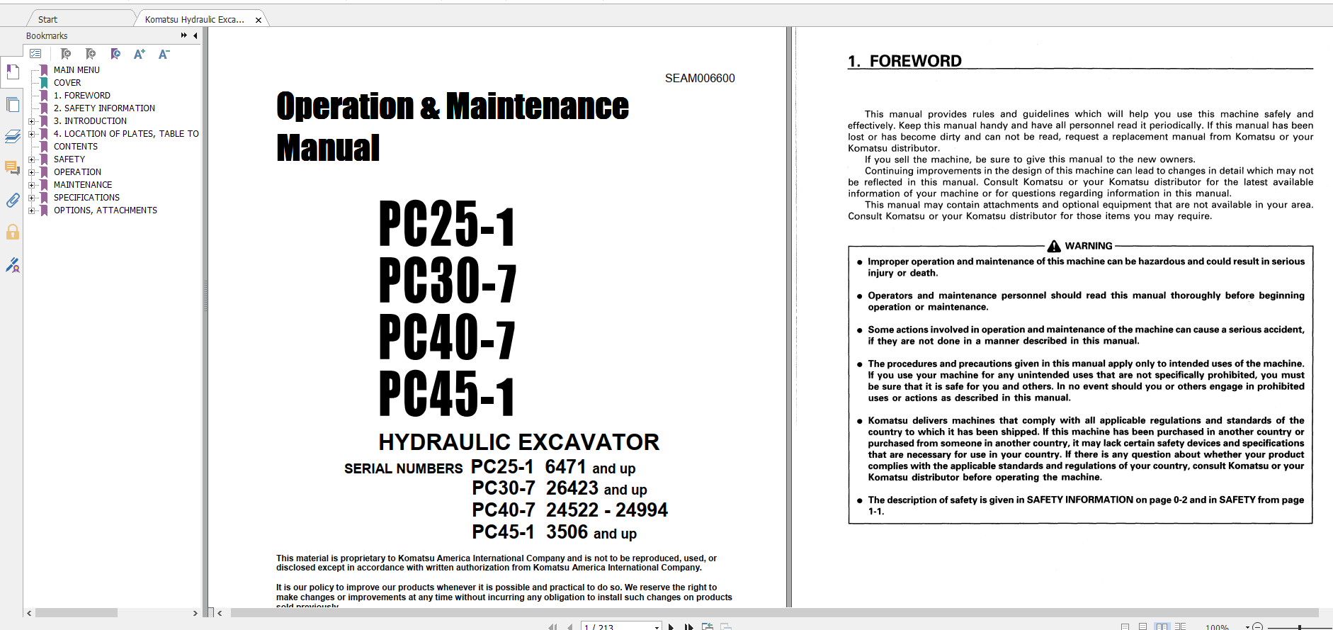 Komatsu Hydraulic Excavator PC25-1 PC30-7 PC40-7 PC45-1 Shop Manual SEBD020S0707