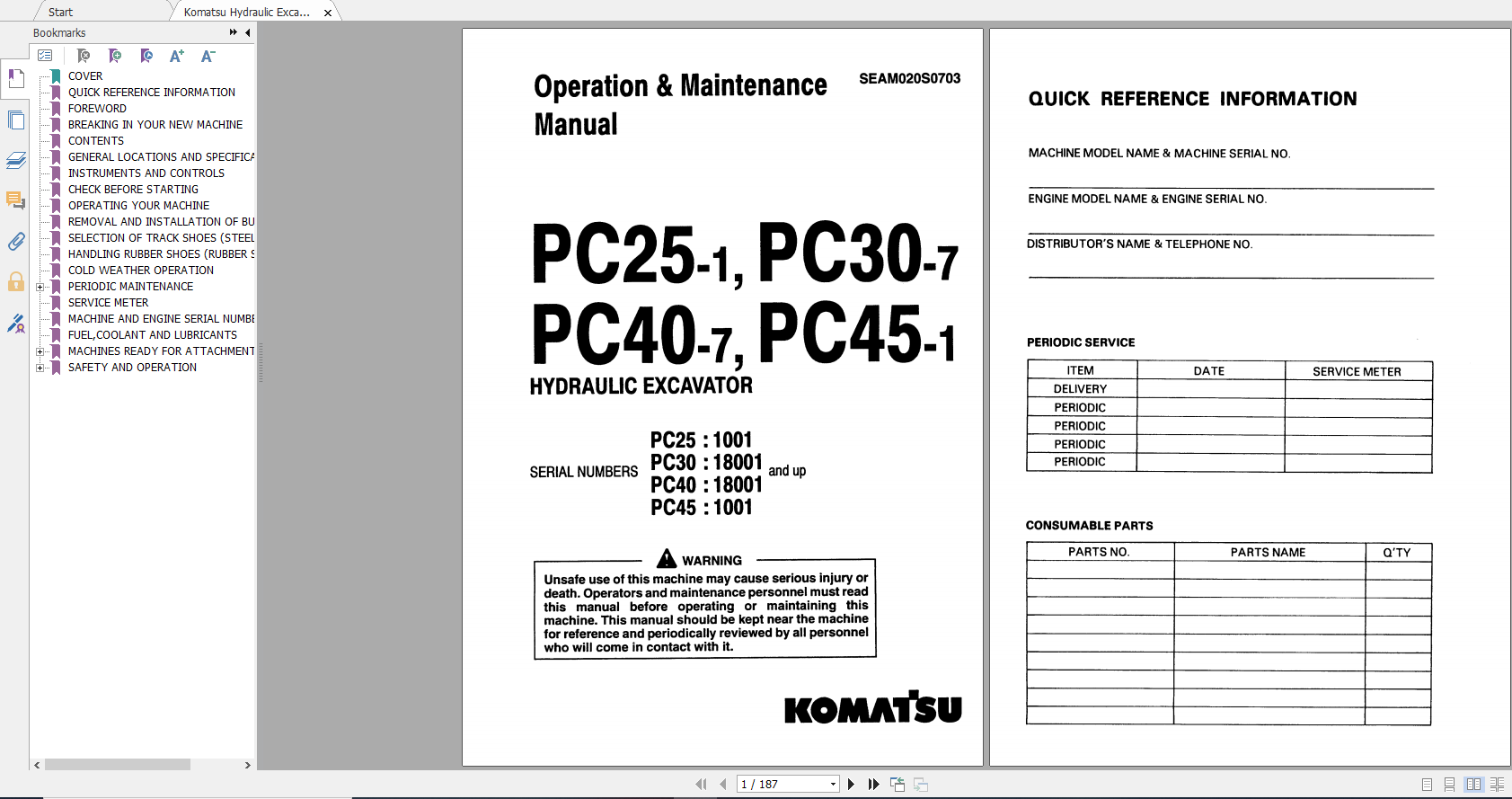 Komatsu Hydraulic Excavator PC27MR-2 PC30MR-2 PC35MR-2 PC40MR-2 PCMR50-2 Shop Manual SEBM032411 ...
