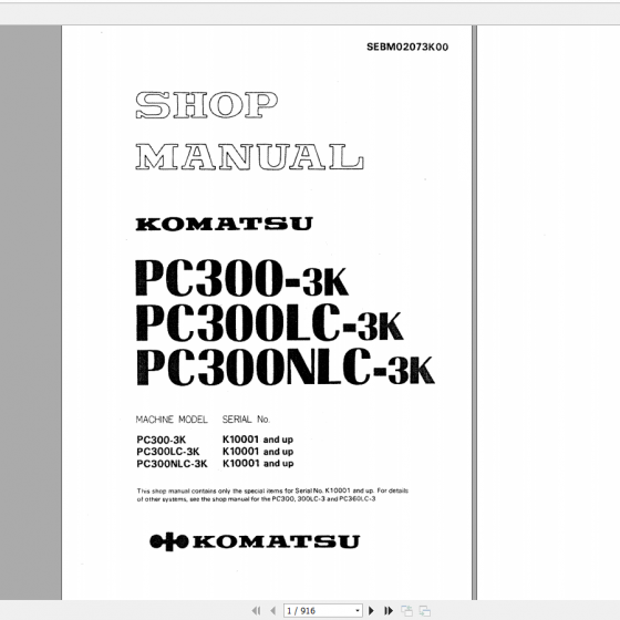 Komatsu Hydraulic Excavator PC300-3 PC300LC-3 PC360LC-3 Shop Manual ...