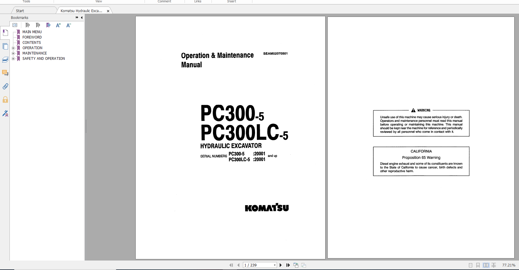 Komatsu Hydraulic Excavator PC300-5 PC300LC-5 Operation & Maintenance ...