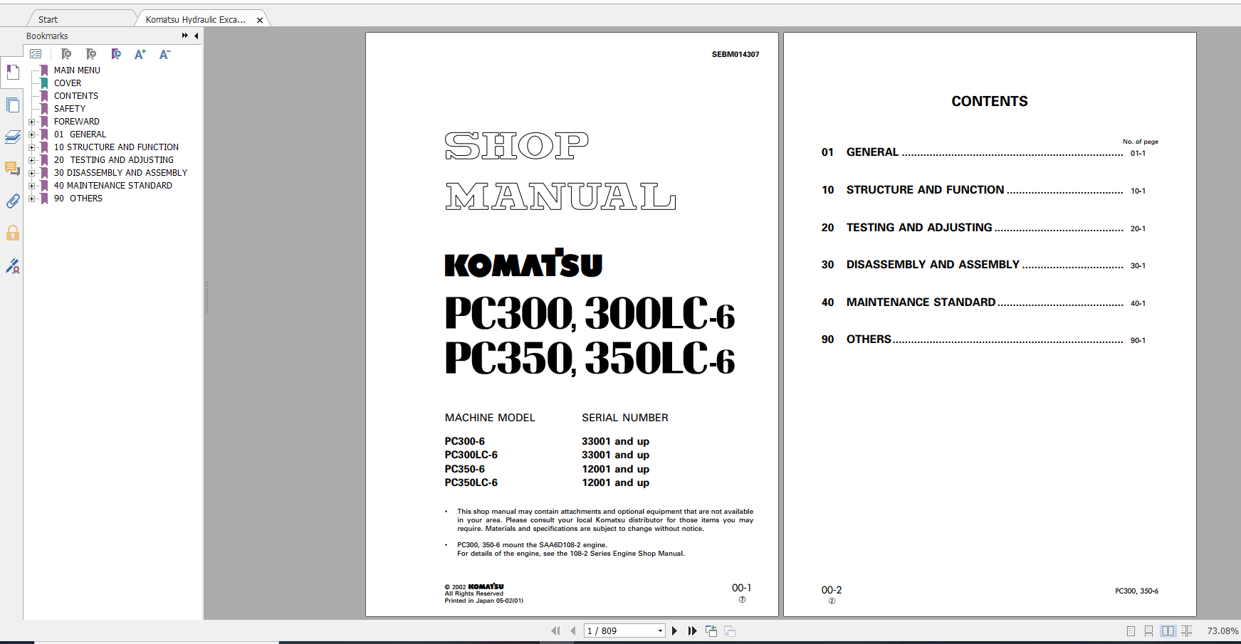 Komatsu Hydraulic Excavator PC300,300LC-6 PC350,350LC-6 Shop Manual ...