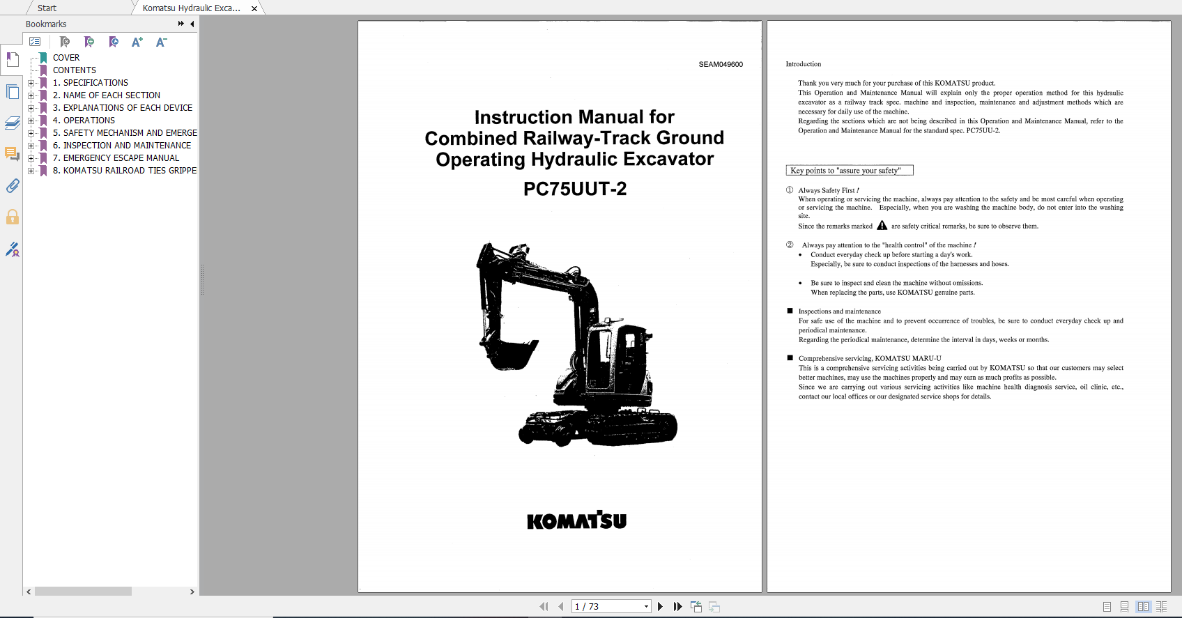 Komatsu Hydraulic Excavator PC75UUT-2 Instruction Manual SEAM049600 2002