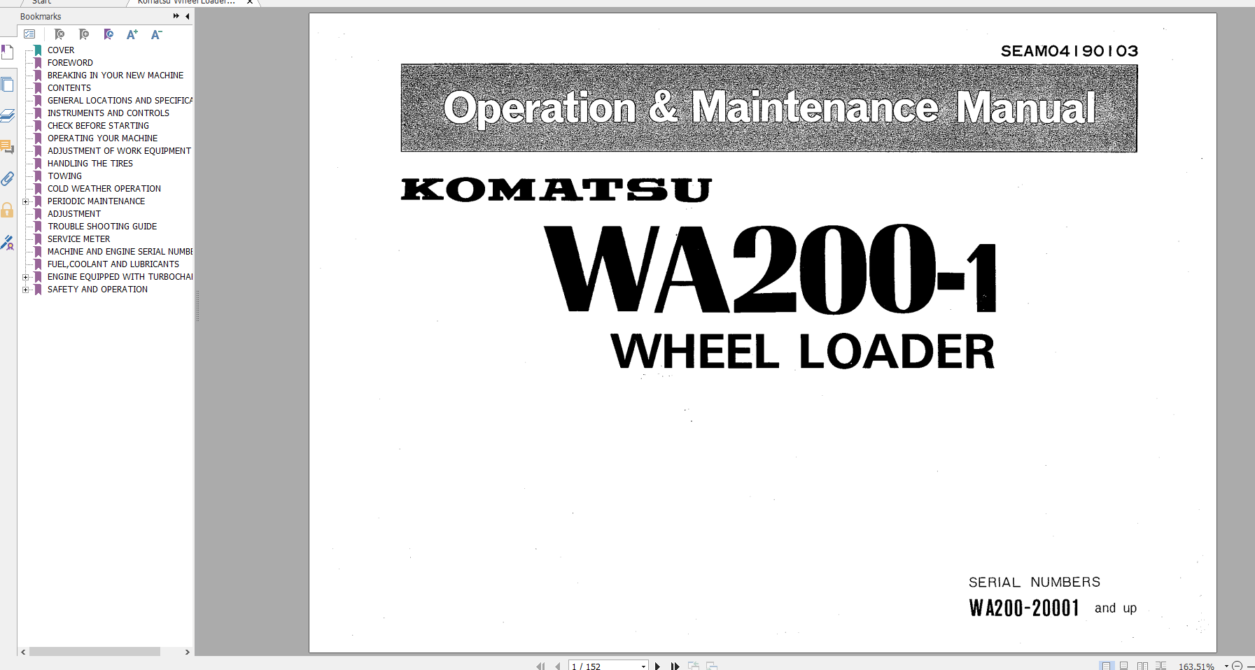 Komatsu Wheel Loader WA200-1 Operation & Maintenance Manual SEAM04190103