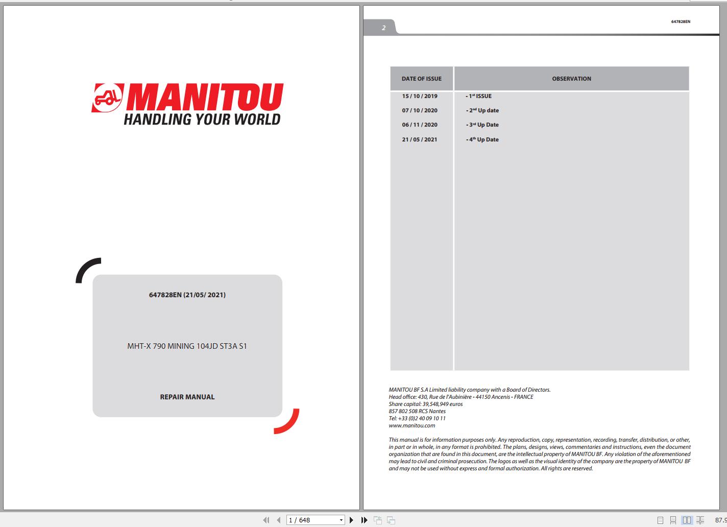 Manitou Telehandler MHT-X 790 MINING 104JD ST3A S1 Repair Manual ...