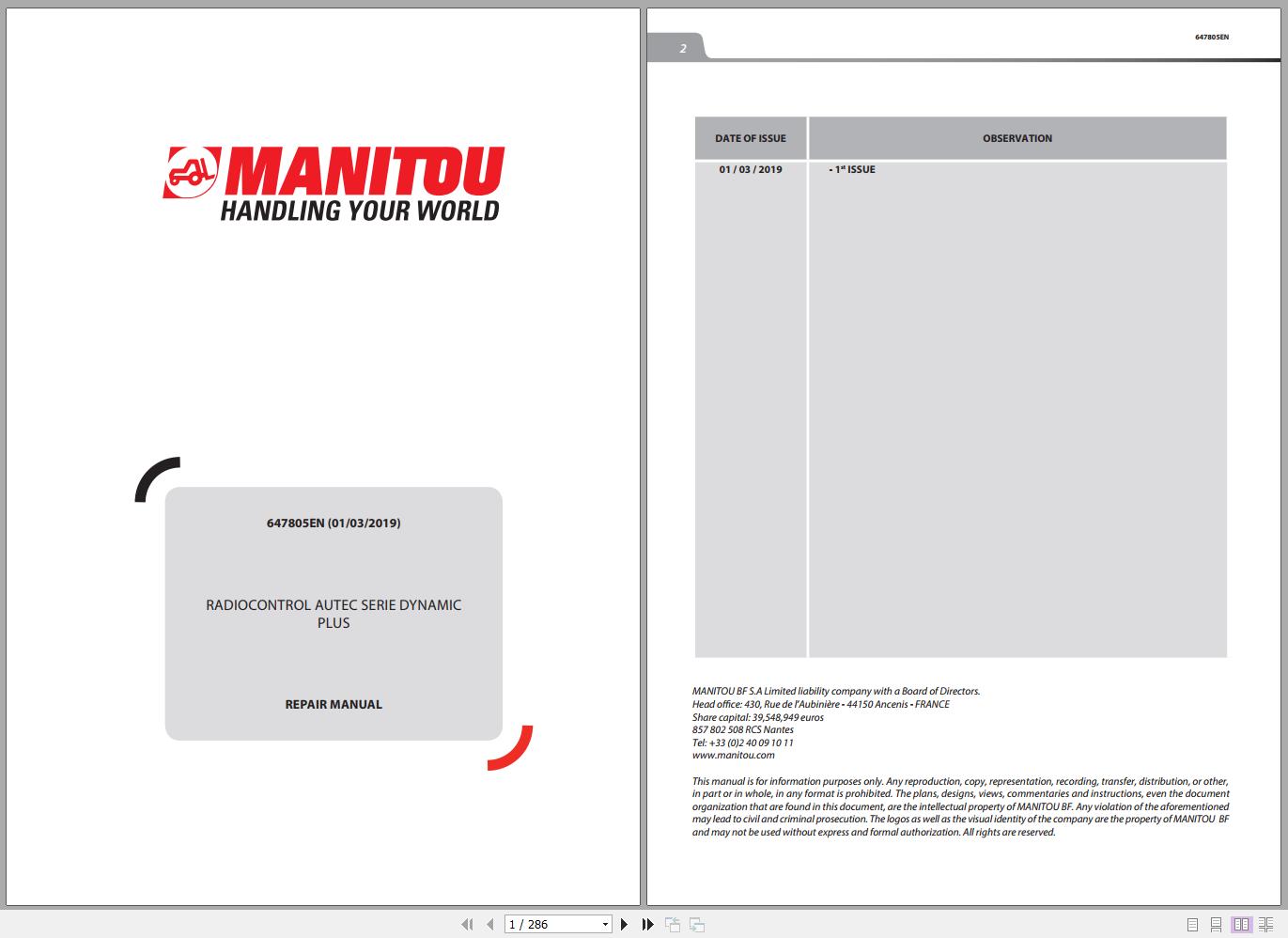 Manitou Telehandler RADIO CONTROL AUTEC DYNAMIC PLUS Repair Manual ...