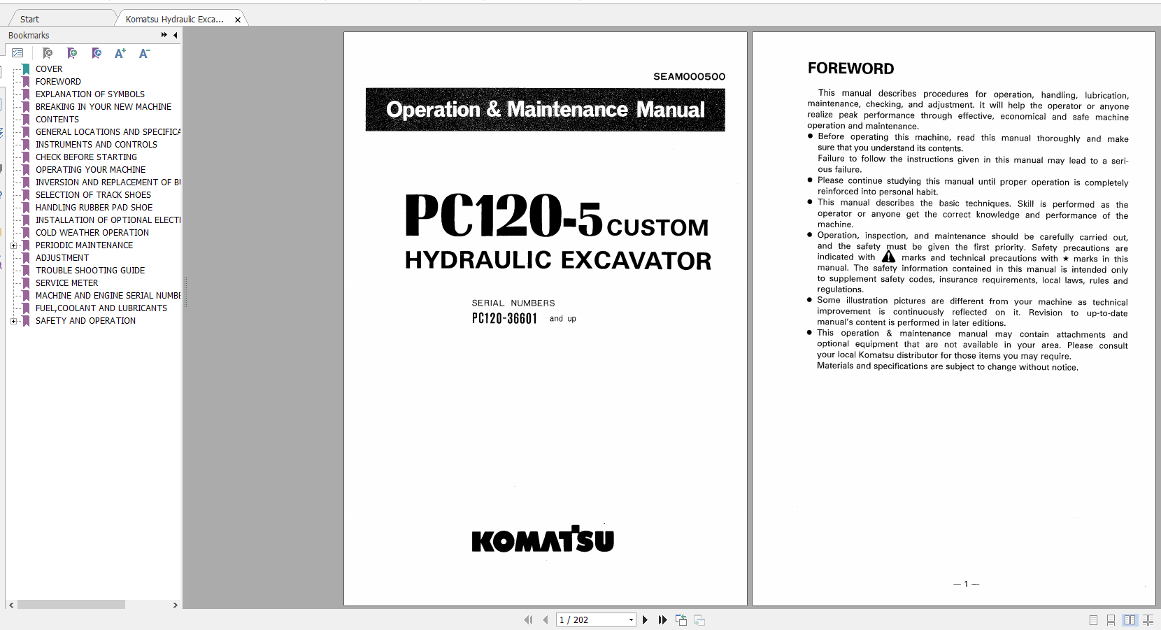 Komatsu Hydraulic Excavator PC120-5 Custom Operation & Maintenance ...