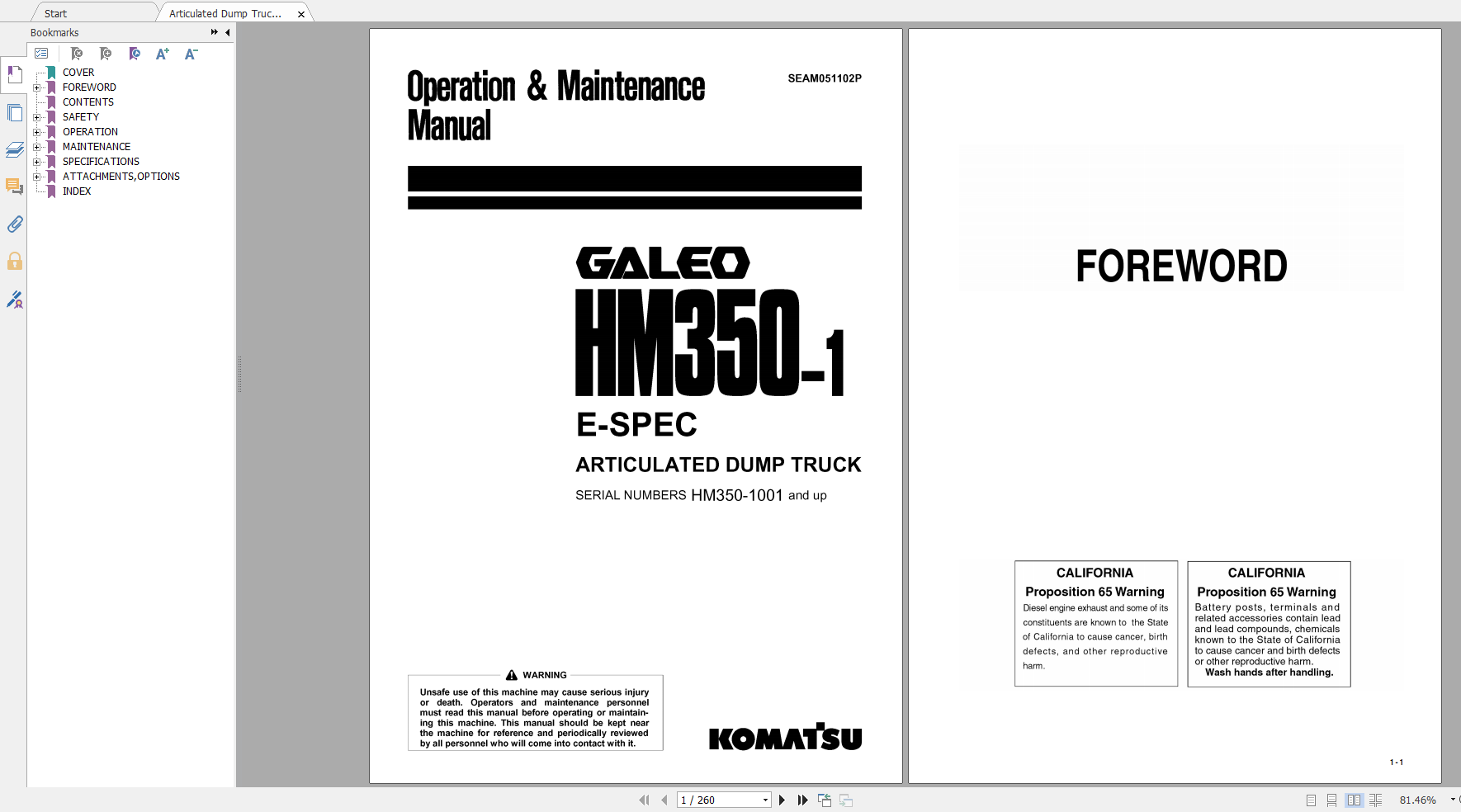 Komatsu Articulated Dump Truck Galeo HM350-1 Operation & Maintenance Manual SEAM051102P 2004