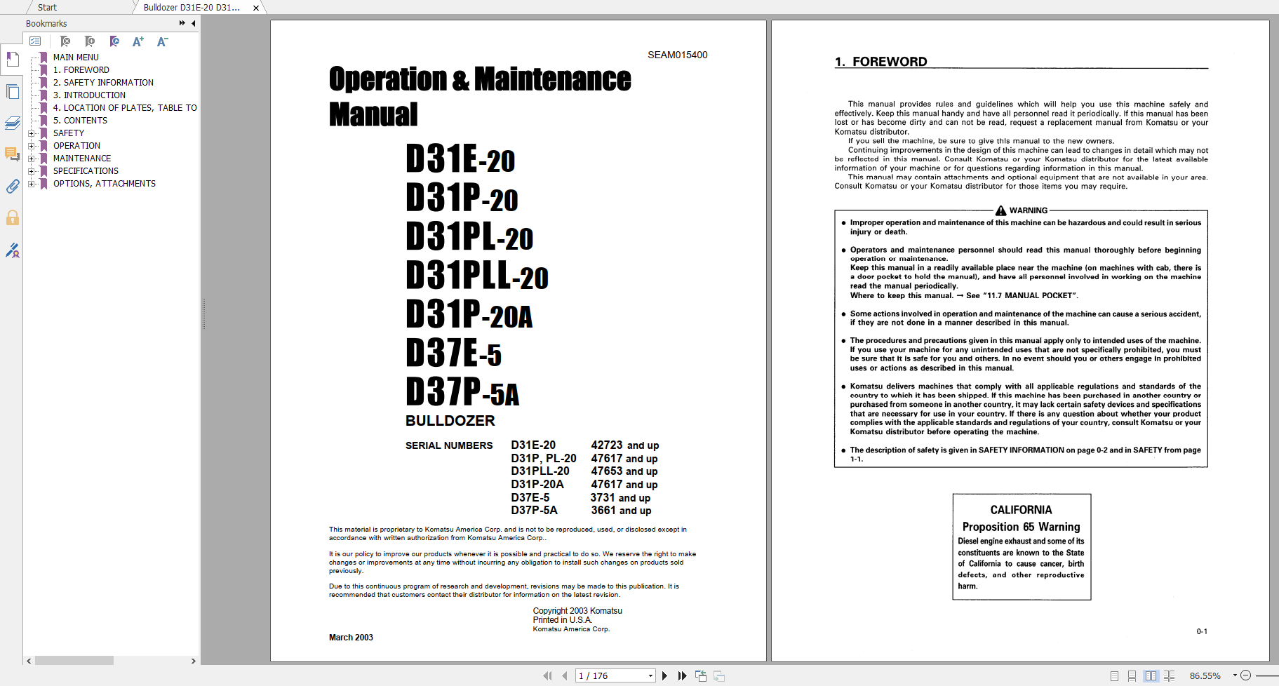 Komatsu Bulldozer D31E-20 D31P-20 D31PL-20 D31PLL-20 D31P-20A D37E-5 D37P-5A Operation ...