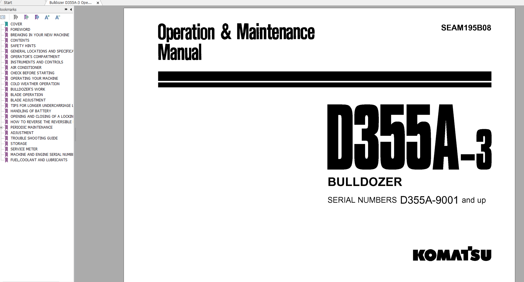 Komatsu Bulldozer D355A-3 Operation & Maintenance Manual SEAM195B08