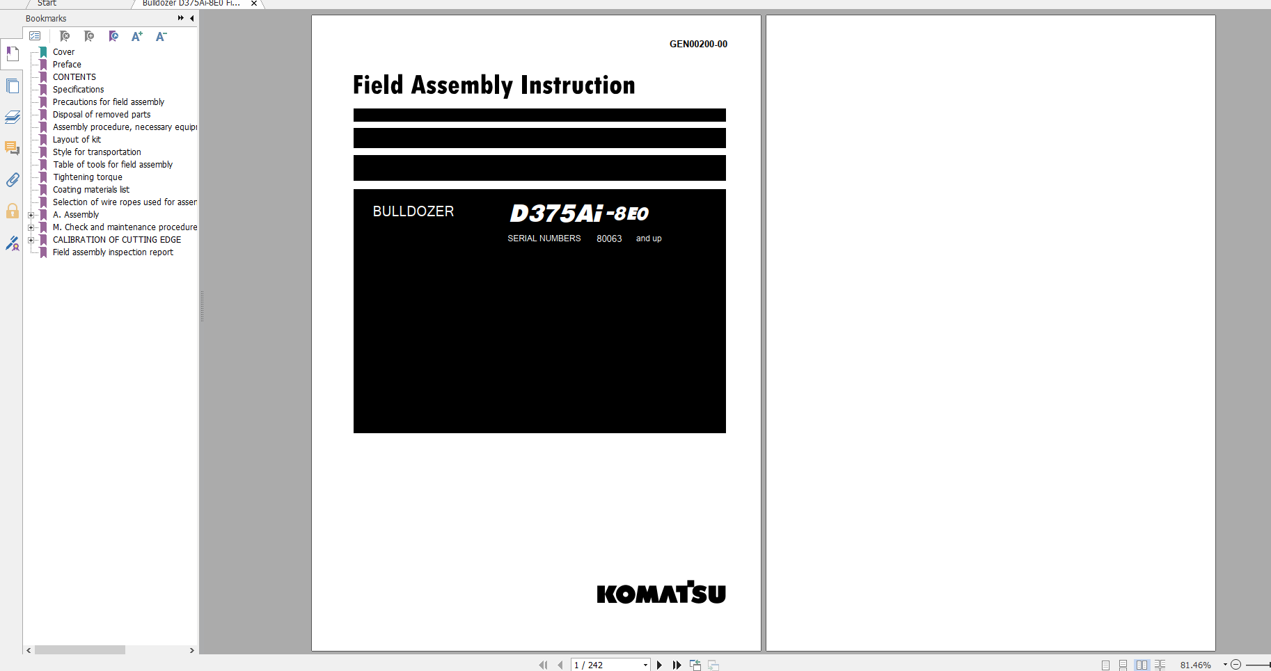Komatsu Bulldozer D375Ai-8E0 Field Assembly Instruction GEN00200-00