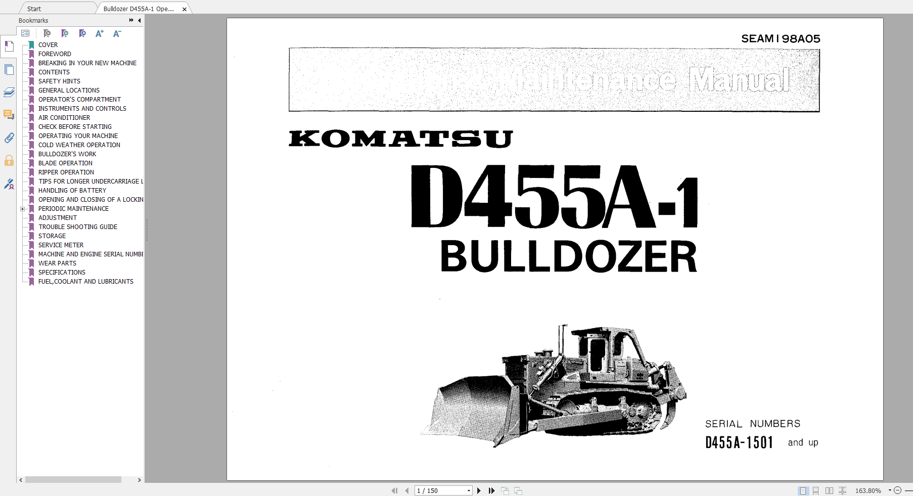 Komatsu Bulldozer D455A-1 Operation & Maintenance Manual SEAM198A05
