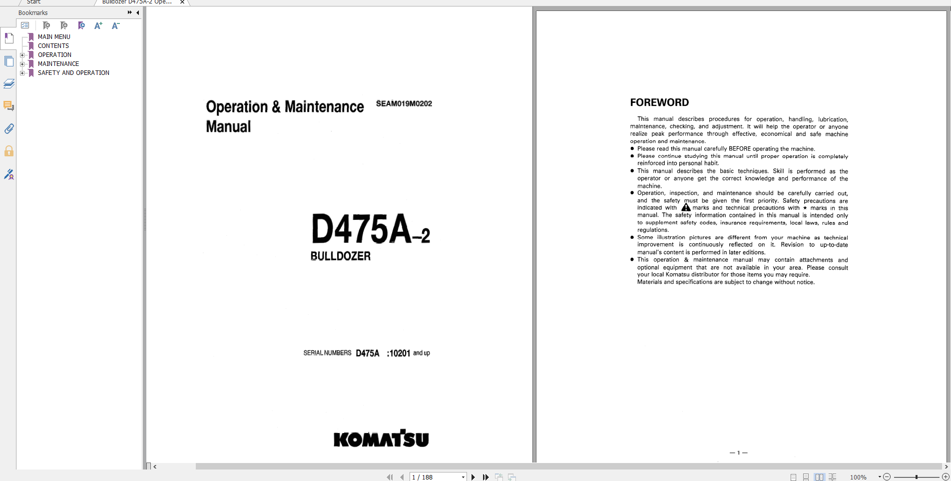 Komatsu Bulldozer D475A-2 Operation & Maintenance Manual SEAM019M0202