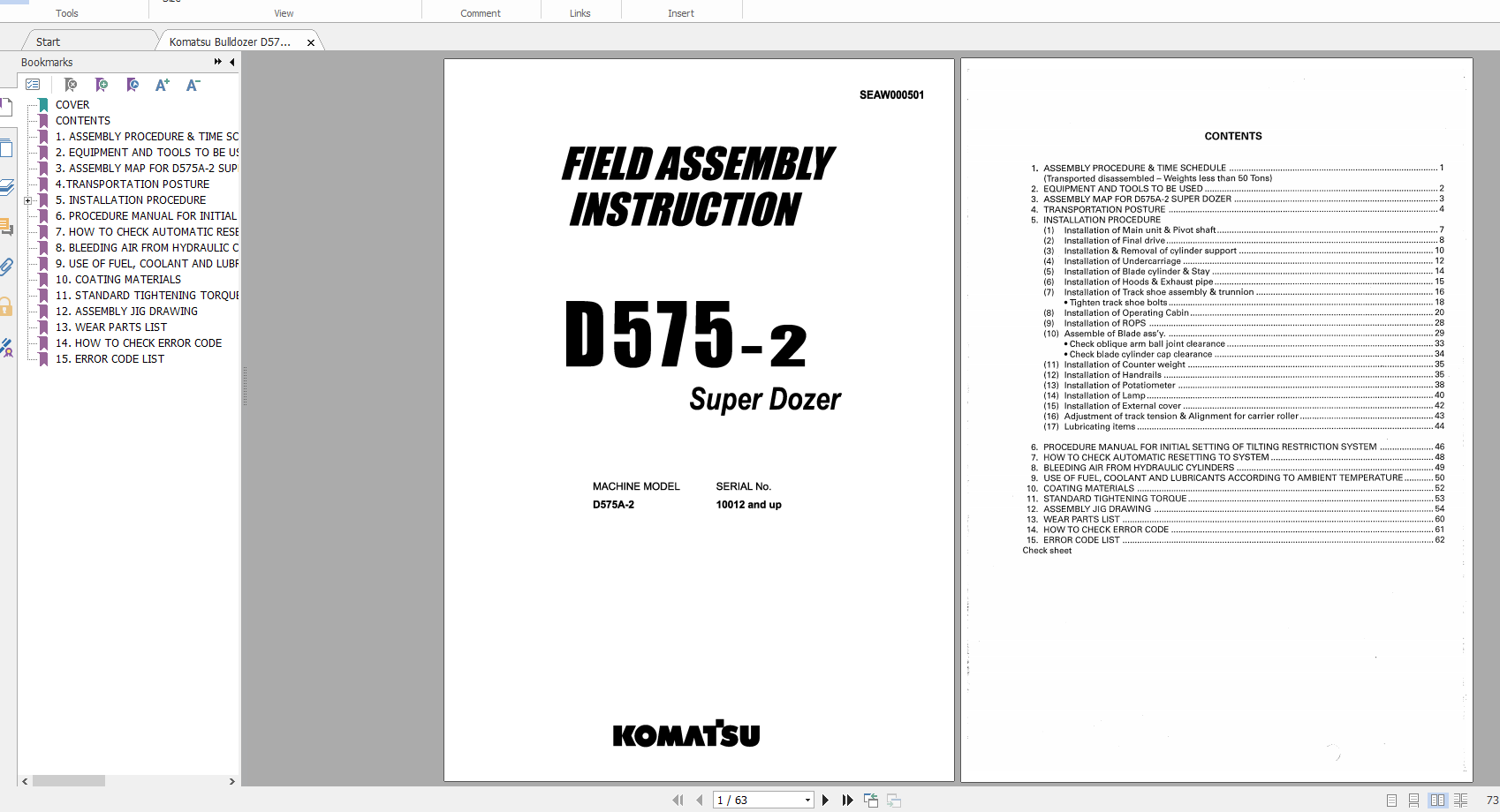 Komatsu Bulldozer D575-2 Field Assembly Instruction SEAW000501