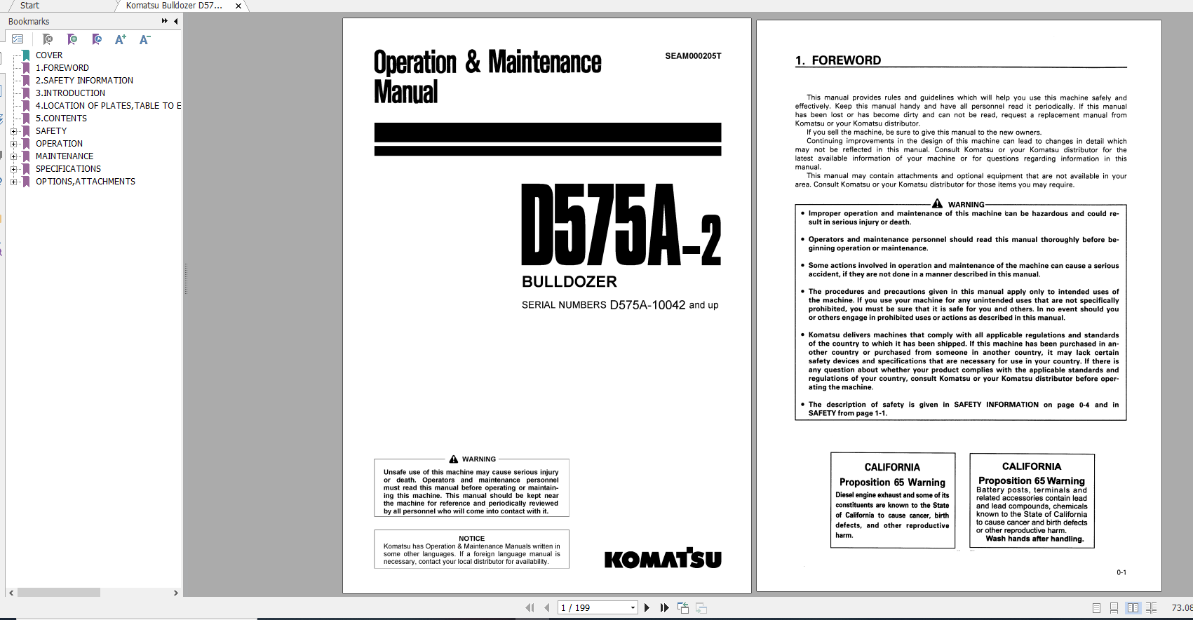 Komatsu Bulldozer D575A-2 Operation & Maintenance Manual SEAM000205T 2000