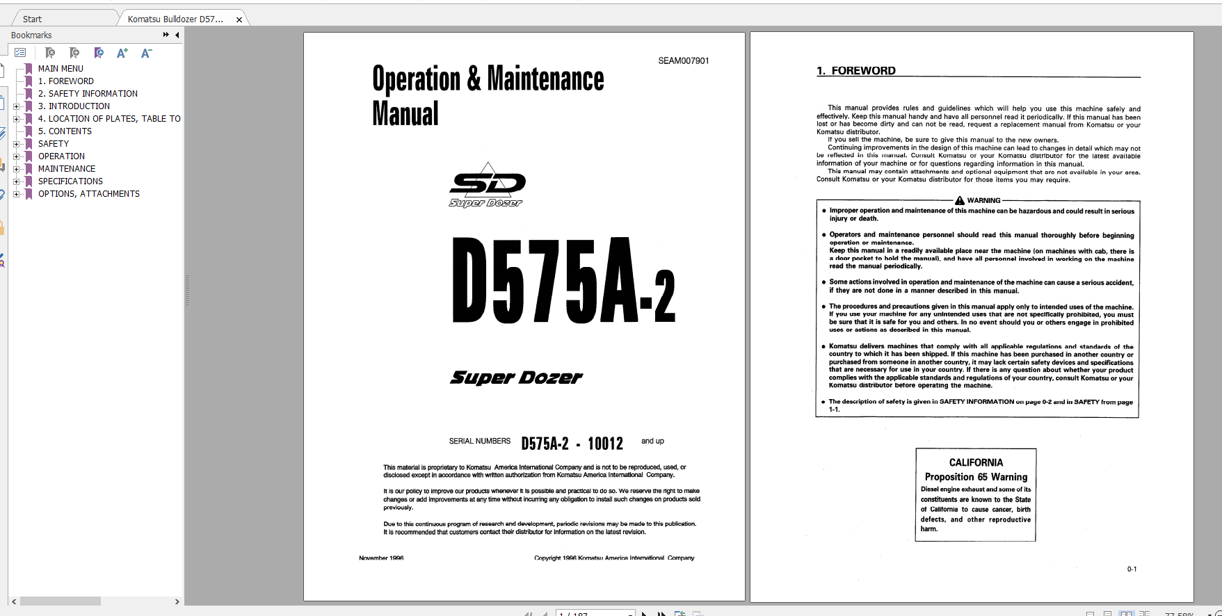 Komatsu Bulldozer D575A-2 Operation & Maintenance Manual SEAM007901 1996