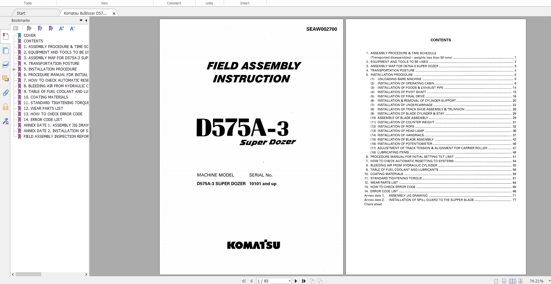 Komatsu Bulldozer D575A-3 Field Assembly Instruction SEAW002700
