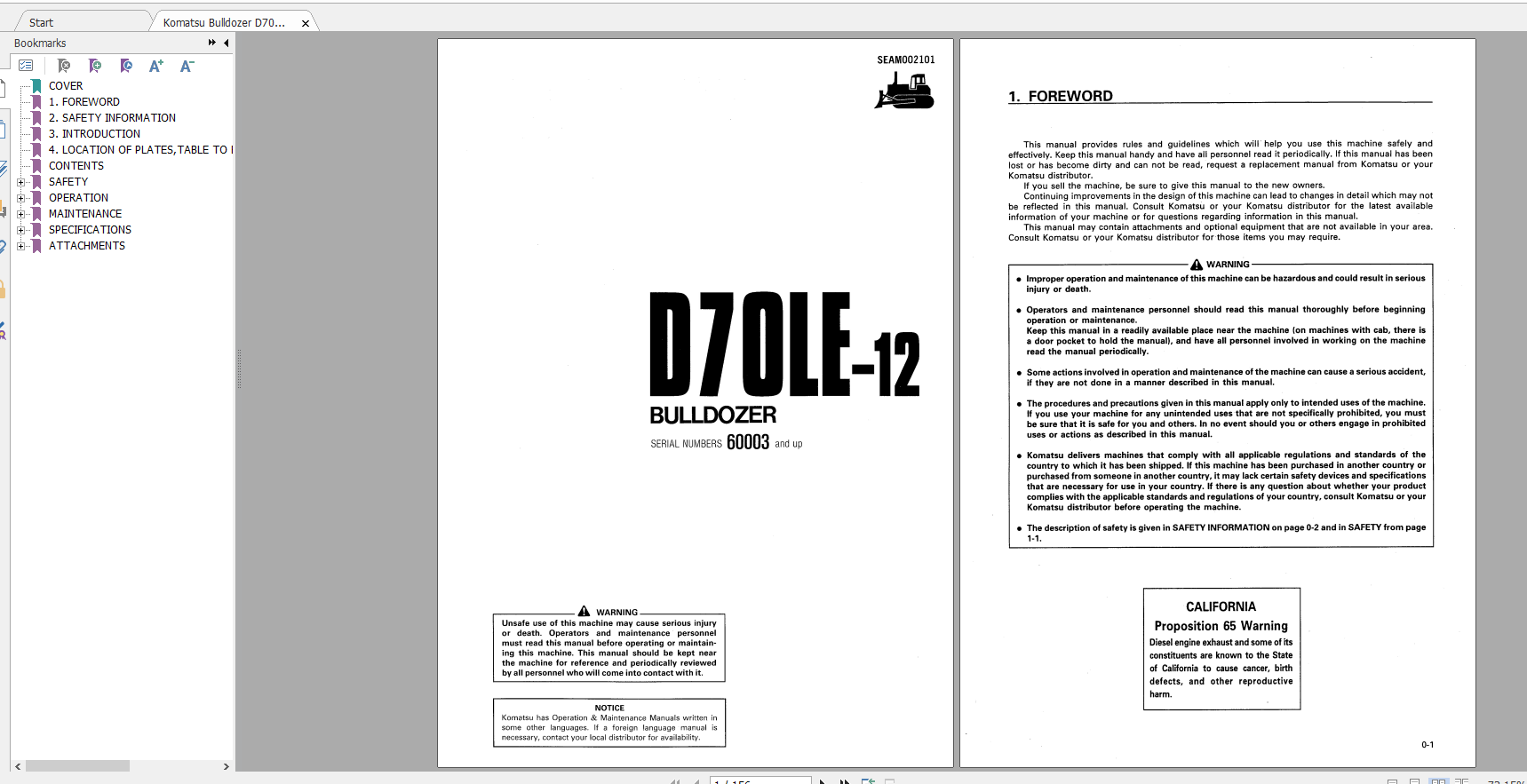 Komatsu Bulldozer D70LE-12 Operation & Maintenance Manual SEAM002101