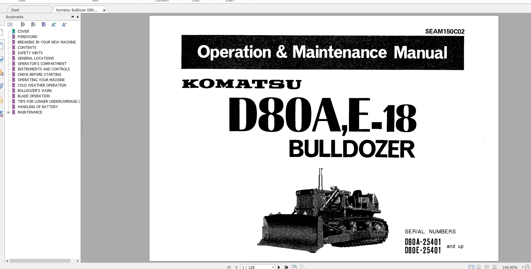 Komatsu Bulldozer D80A,E-18 Operation & Maintenance Manual SEAM150C02